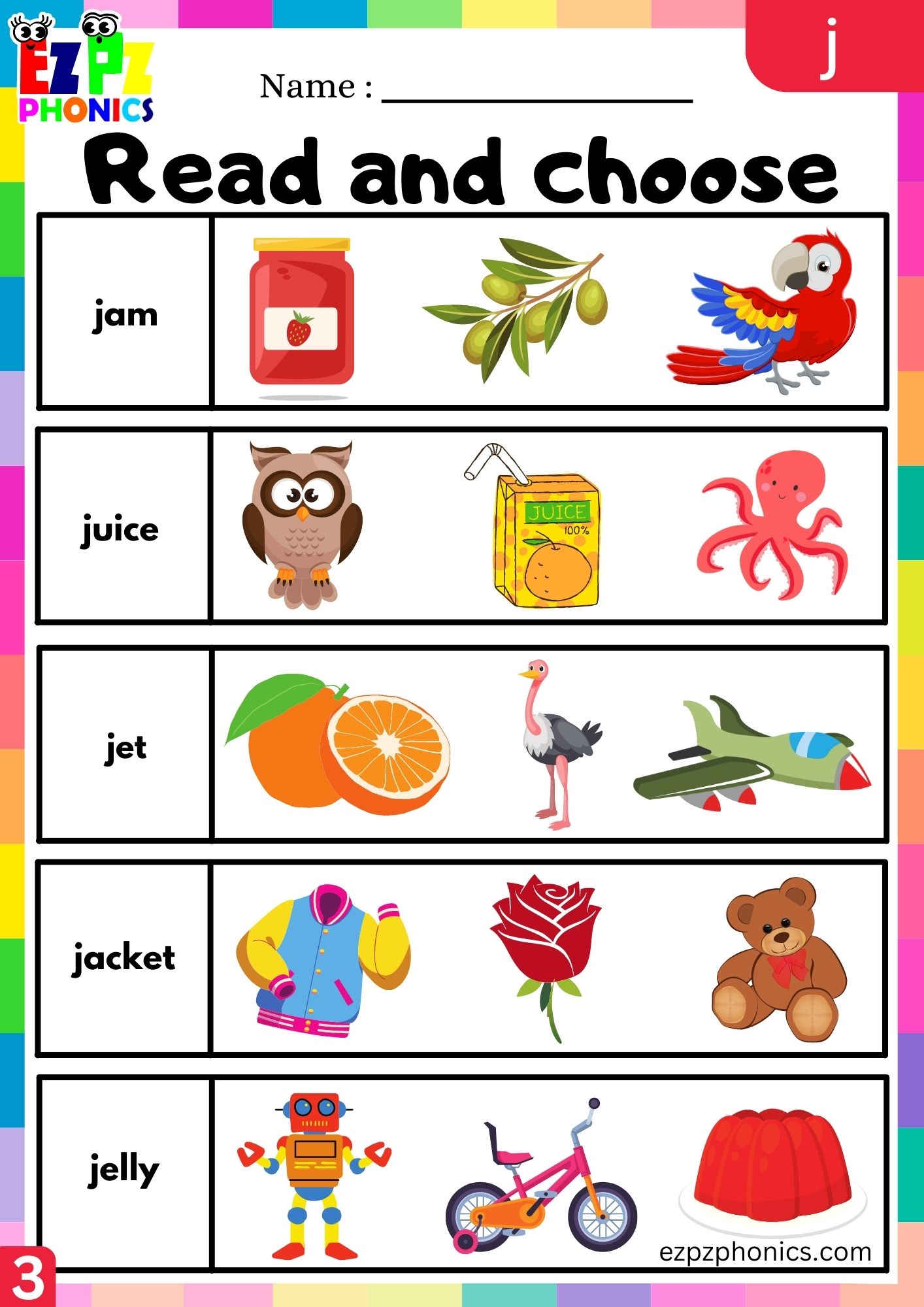 Letter j Read and Choose the Images Phonics Activity Group 3 - ezpzphonics.com